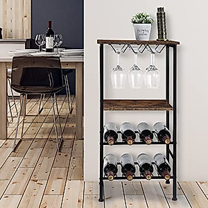 Wine Rack Table, FreeStanding Wine Bar Rack, Wine Bar Cabinet with GlassBottle Holder, Metal and Wood Industrial Wine Cabinet for Home, Floor Liquor Wine Cabinet Storage, for Bar Kitchen Dining