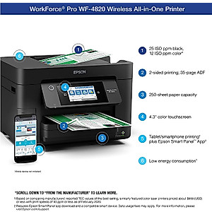 Epson Workforce Pro WF-4820 Wireless All-in-One Color Inkjet Printer, Black - Print Scan Copy Fax - 4.3" Touchscreen, 25 ppm, 4800 x 2400 dpi, Auto 2-Sided Printing, 35-Sheet ADF, Ethernet