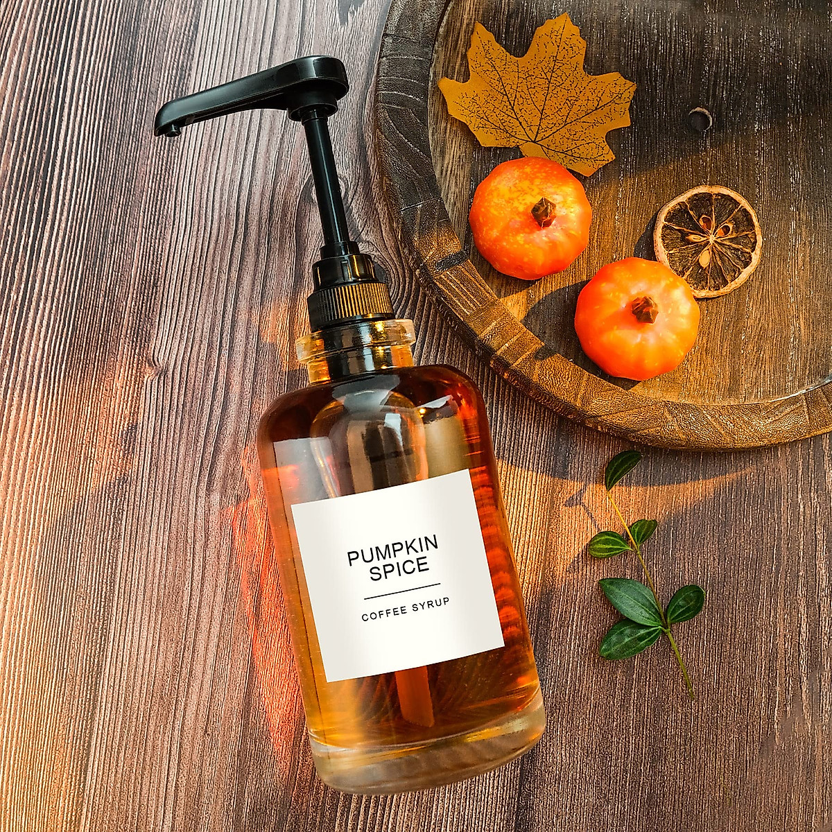 mustry Coffee Syrup Dispenser Bottle with Labels 1/4 oz Glass Syrup Pump Dispenser Bottle with 84 Labels, for Coffee Bar Accessories Essentials, 16.9 oz 500 ml, Set of 2, Black