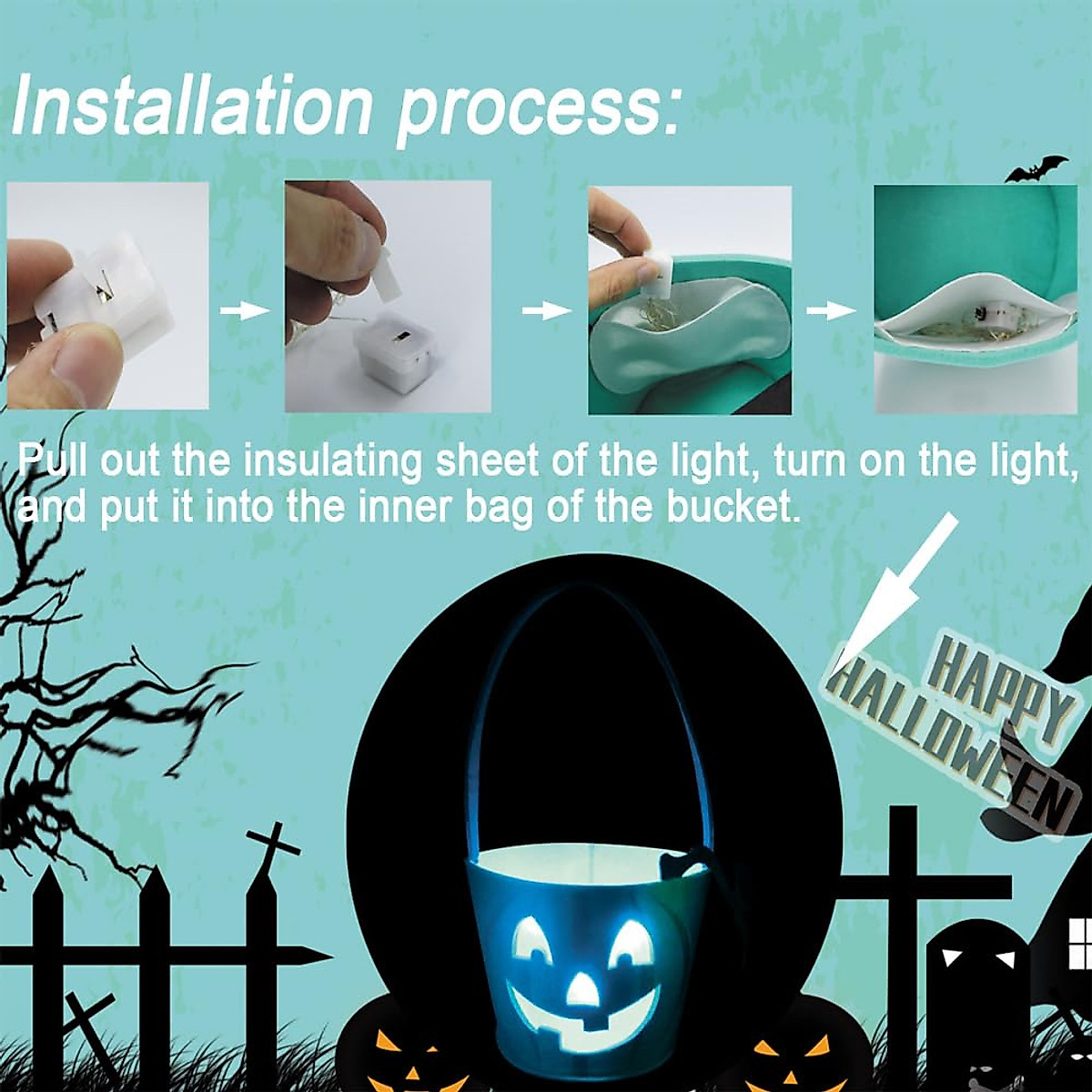 Ahuimeius Light Up Teal Pumpkin Halloween Felt Trick or Treat Bucket, with Blue LED lights, Halloween Party Favors, Halloween Snacks, Halloween Goodie Bags for Kids, Novlety Gifts