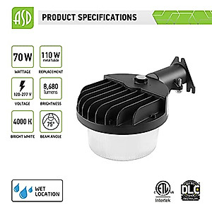 ASD LED Barn Light 70W, Dimmable, Dusk to Dawn Outdoor Lighting, Commercial Grade, 120-277V, Ultra Bright Waterproof Area Light, 110W MH Replacement, 8680 Lm, 4000K, ETL & DLC Premium