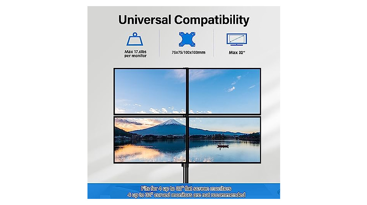 MOUNTUP Quad Monitor Stand for 4 Screens - Adjustable & Durable