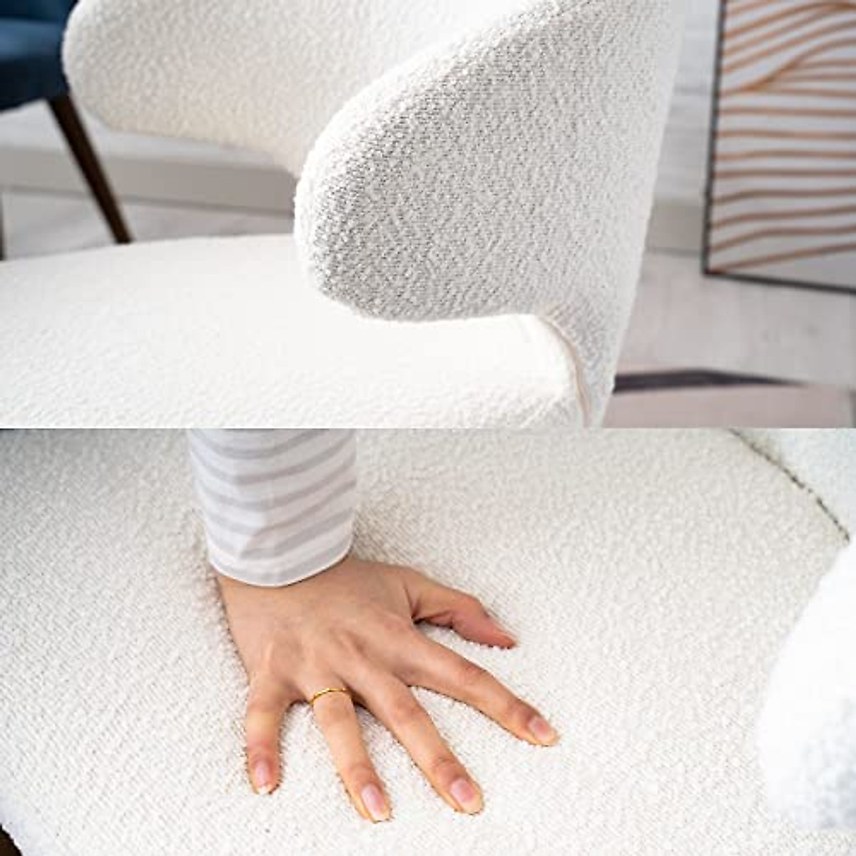 RIVOVA Upholstered Accent Arm Chairs Set of 4, Faux Sherpa Mid Century Modern Dining Chairs for Kitchen Dining Room Side Chairs with Wood Legs, White