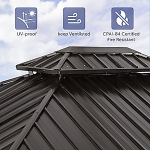 BACKYADOOR 10x12 Gazebo, Outdoor Hardtop Gazebo with Mosquito Netting and Curtains, Hard Top Metal Gazebo for Backyard, Deck, Poolside （Brown）