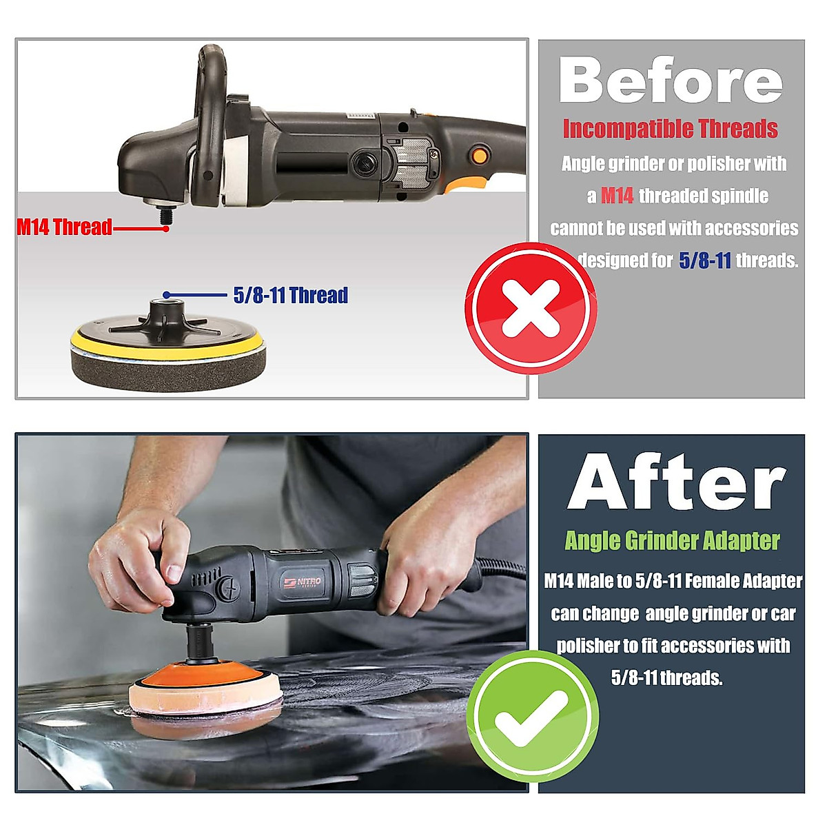 Yakamoz 2Pcs Angle Grinder Attachment M14 Female to 5/8"-11 Male Adapter Rotary Polisher M14 to 5/8"-11 Adaptor Converter Connecting Tool