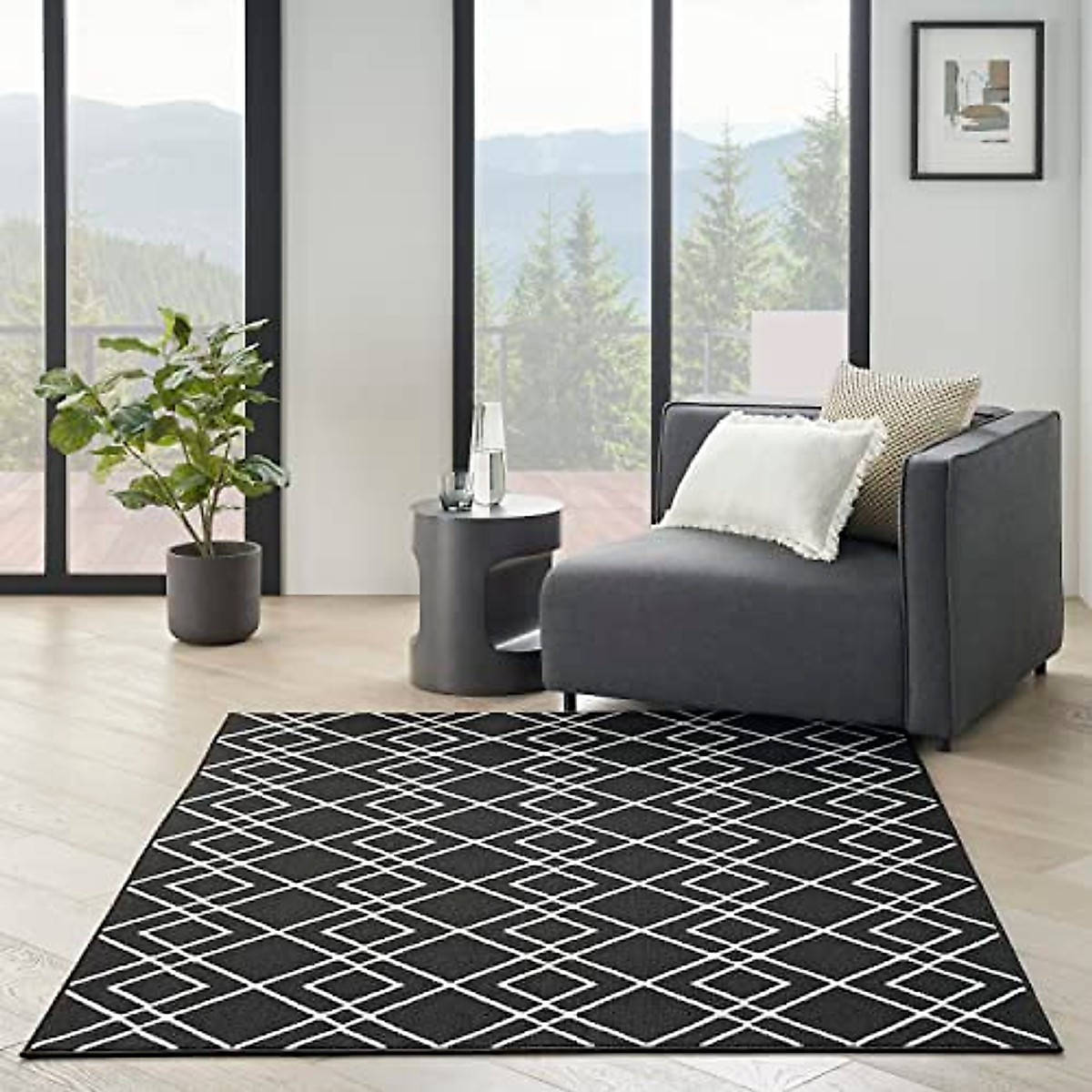 Nourison Modern Lines Modern Geometric Black 5' x 7' Area-Rug, Easy-Cleaning, Non Shedding, Bed Room, Living Room, Dining Room, Kitchen (5x7)