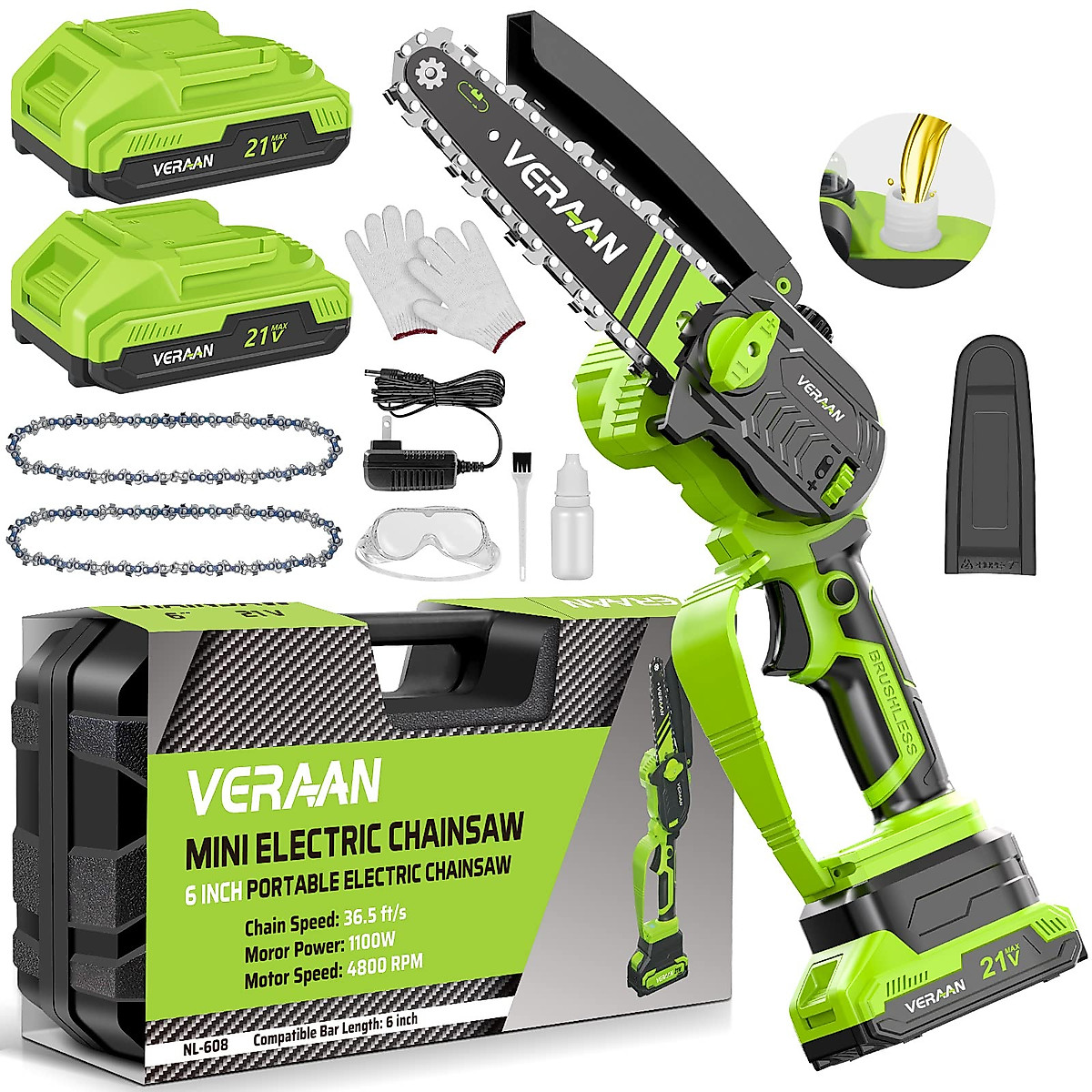 Veraan Mini Chainsaw 6 Inch Cordless, 1100W Electric Cordless Chainsaw with Automatic Oiler and 2 Battery, 21V Handheld Battery Powered Small Chainsaw for Branch Wood Cutting Tree Pruning Shears