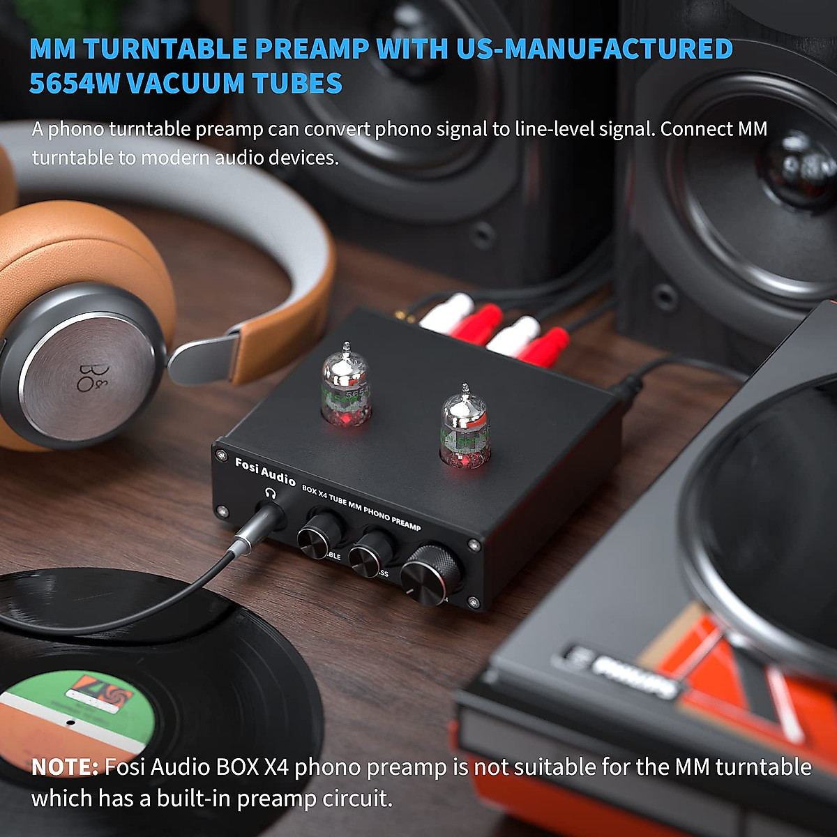 Fosi Audio Box X4 Phono Preamp with JAN 5654W Vacuum Tubes for MM Turntable Phonograph Record Player with Volume Bass Treble Control