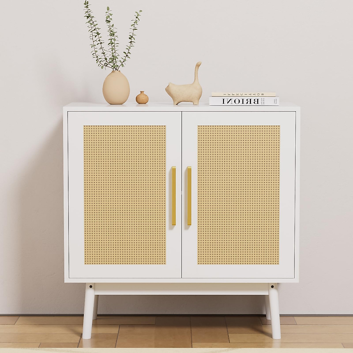 LYNSOM Sideboard Buffet Cabinet with Storage, Kitchen Buffet Cabinet with Rattan Doors and Adjustable Shelf, Small Storage Cabinet with Solid Wood Feetfor Hallway, Entry, Living Room, White