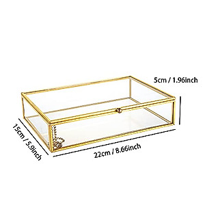 Feyarl Gold Clear Glass Jewelry Trinket Box Photo Cards Shadow Box Organizer Collection Display Case Decorative Keepsake Box with Lid for Home Deco