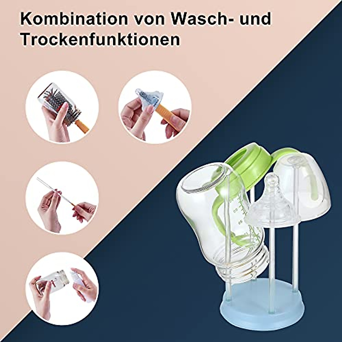 luluan Baby Bottle Brush Cleaning Kit with Drying Rack, Baby Bottles Silicone Brushes for Cleaning Baby Bottles, Bottle Cleaner Brush 6-Set for Cleaning Glass Bottles Plastic Bottles Metal Bottles