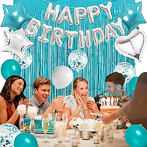 Happy Birthday Decorations Teal Blue Birthday Decorations for Women Girls-Teal Blue and Silver Birthday Balloons Kit,Turquoise Birthday Party Decorations