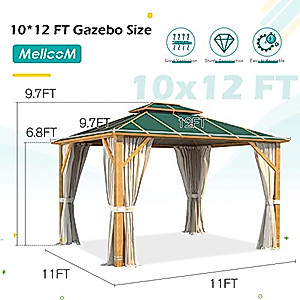 MELLCOM 10' x 12' Hardtop Gazebo, Wooden Finish Coated Aluminum Frame Outdoor Gazebo with Aluminum Double Roof, Blackish Green Metal Gazebo with Curtains and Nettings for Patios, Gardens, Lawns