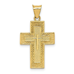 Solid 14k Yellow Gold Textured Reversible Lord's Prayer in Spanish Cross Pendant Charm - 26mm x 14mm