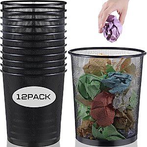 Hushee 12 Pcs Small Metal Trash Can Waste Paper Basket Trash Bin Office Garbage Can Wire Metal Waste Basket for Under Desk, Kitchen, Bedroom, Den, Dorm Room, Toilet (Black)