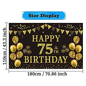 Trgowaul 75th Birthday Backdrop Gold and Black 5.9 X 3.6 Fts Happy Birthday Party Decorations Banner for Women Men Photography Supplies Background Happy Birthday Decoration