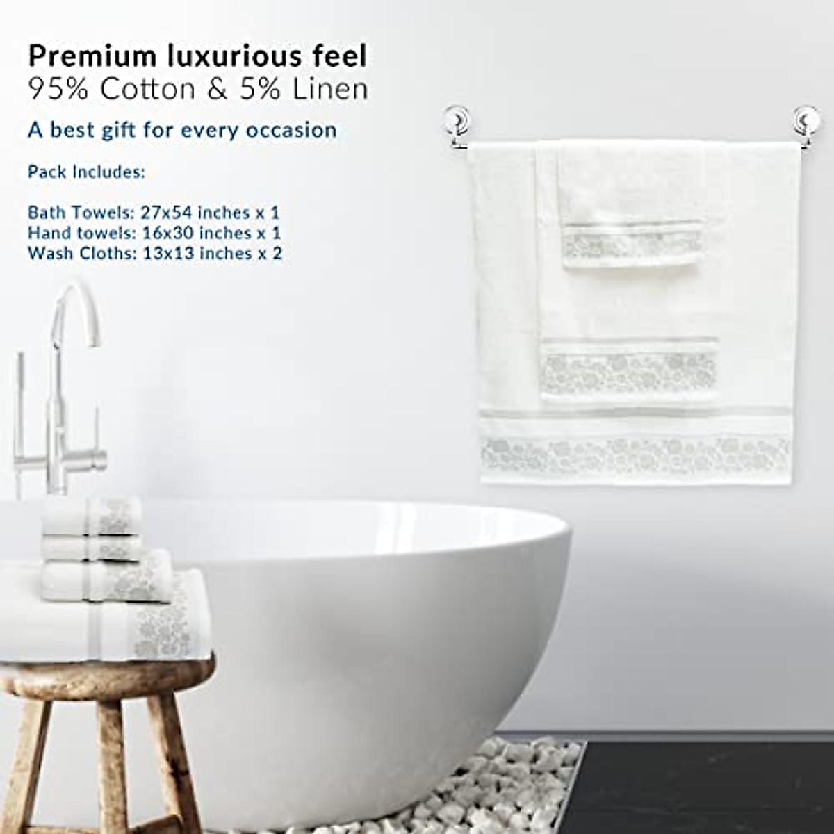 GOLD TEXTILES Fantasy Collection Premium Bathroom Towel Set Includes Bath Towel (27x54) - Hand Towel (16x30) 2 washcloths (13x13) - Perfect for Gift, Home, Hotel –Lightweight (White, Amania)