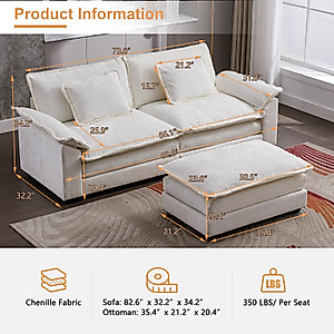 IPKIG 82.6" Sectional Sofa Cloud Couch, Modern Chenille Comfy Upholstered Modular Sofa with Ottoman, 2 Lumbar Pillow, Deep Seat Sofa Sleeper for Living Room, Apartment, Office, Studio (White)