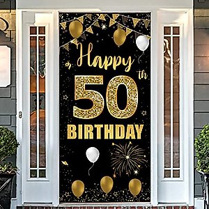 50th Birthday Door Banner Backdrop, Black Gold Happy 50th Birthday Decorations Women Men, 50 Years Birthday Photo Booth Props, Fifty Birthday Party Sign Decor for Outdoor Indoor Sturdy, Vicycaty