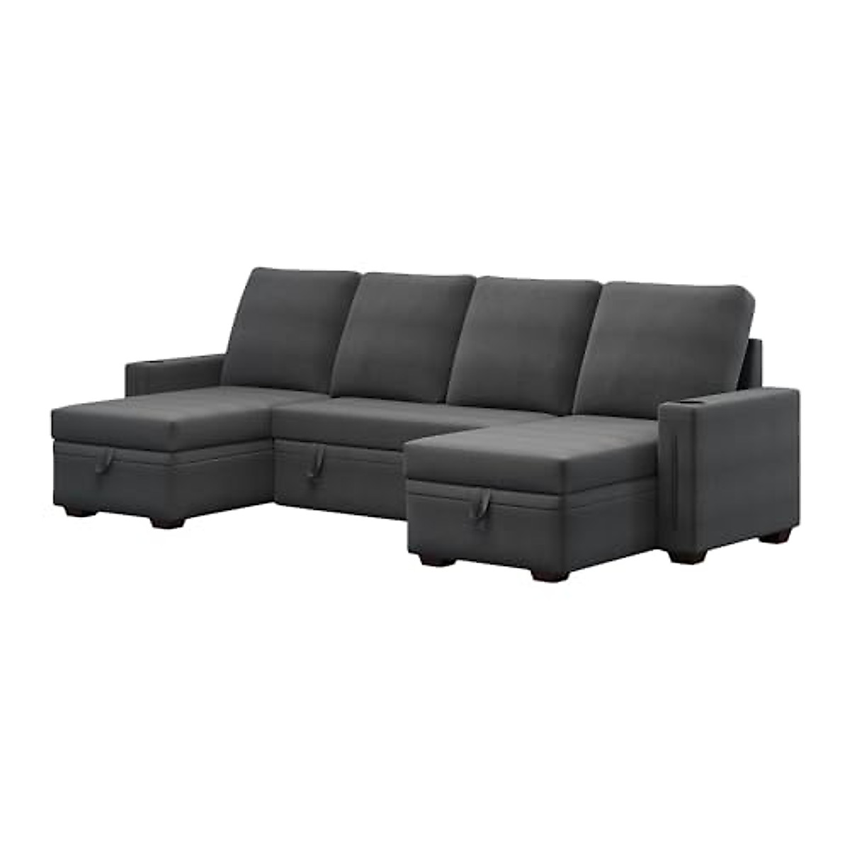 Ball & Cast 96.5" Convertible Sectional Pull Out Couch with Double Storage Chaise&Cup Holders, 4 Seat U-Shaped Sleeper Sofa-Bed w/Removable Cushions for Living Room Apartment Small Spaces, Dark Gray