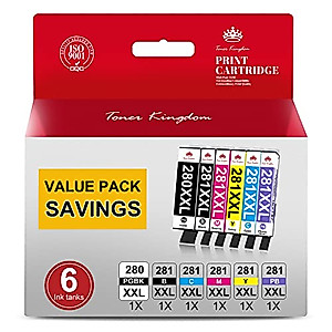 PGI-280XXL/CLI-281XXL Compatible Ink Cartridges for Canon Ink 280 and 281 Cartridge for Canon Pixma TS9120 TS8120 TS8220 TS8320 TS9100 TS8100 (PGBK, Black, Photo Blue, Cyan, Magenta, Yellow) 6 Pack