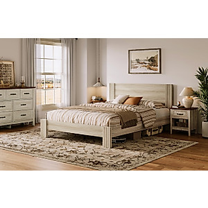 LINSY Queen Bed Frame Wood with Headboard, Farmhouse Bed Frame Queen Size, Wood Platform Bed Fast Assembly, Noise-Free, No Box Spring Needed - Beige