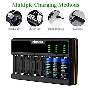 Hisewen 8 Pack CR123A Lithium Batteries, 3.7V 750mAh 123a Rechargeable Batteries with Charger for Arlo Camera VMC3030 VMK3200 VMS3230/3330/3430/3530 & Flashlights & Headlamp