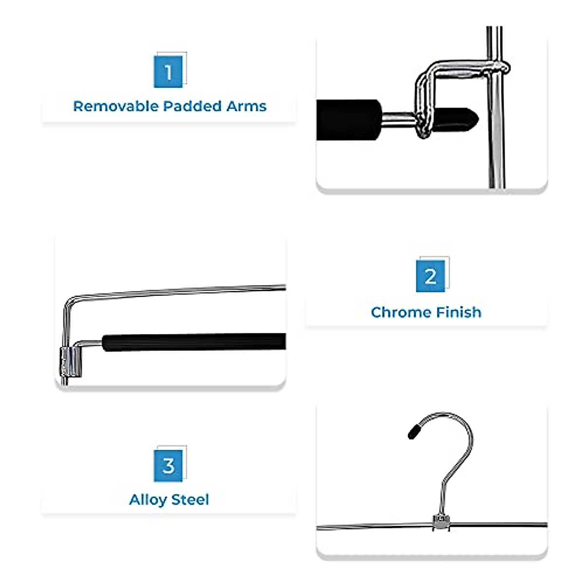 USTECH 8 Tier Swing Arm Pants Hanger | Space Saving Clothing Hangers with Foam Padding and Removable Arms | Alloy Steel Construction for Durability | Hook with Capped Ends for Added Safety | Pack of 2