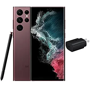 SAMSUNG Galaxy S22 Ultra 5G (128GB, 8GB) 6.8'' AMOLED 2X, 108MP Camera, Global Volte (Fully Unlocked for AT&T, Verizon, T-Mobile, Global) G908U1 (w/ 25W Super Fast Charger, Burgundy) (Renewed)