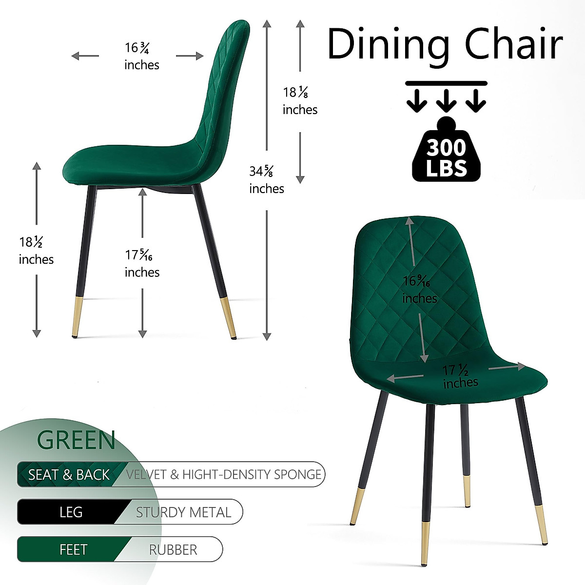 NORDICANA Velvet Dining Chairs Kitchen Plain Color Chair Upholstered Side Stools with Backrest Metal Legs Set of 4, Kelly Green