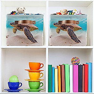 TropicalLife Rectangular Storage Bin Cube Turtle Sea Ocean Foldable Organizer Basket with Handles, Hawaii Beach Animal Collapsible Storage Box for Kids Toy Shelf Closet Nursery