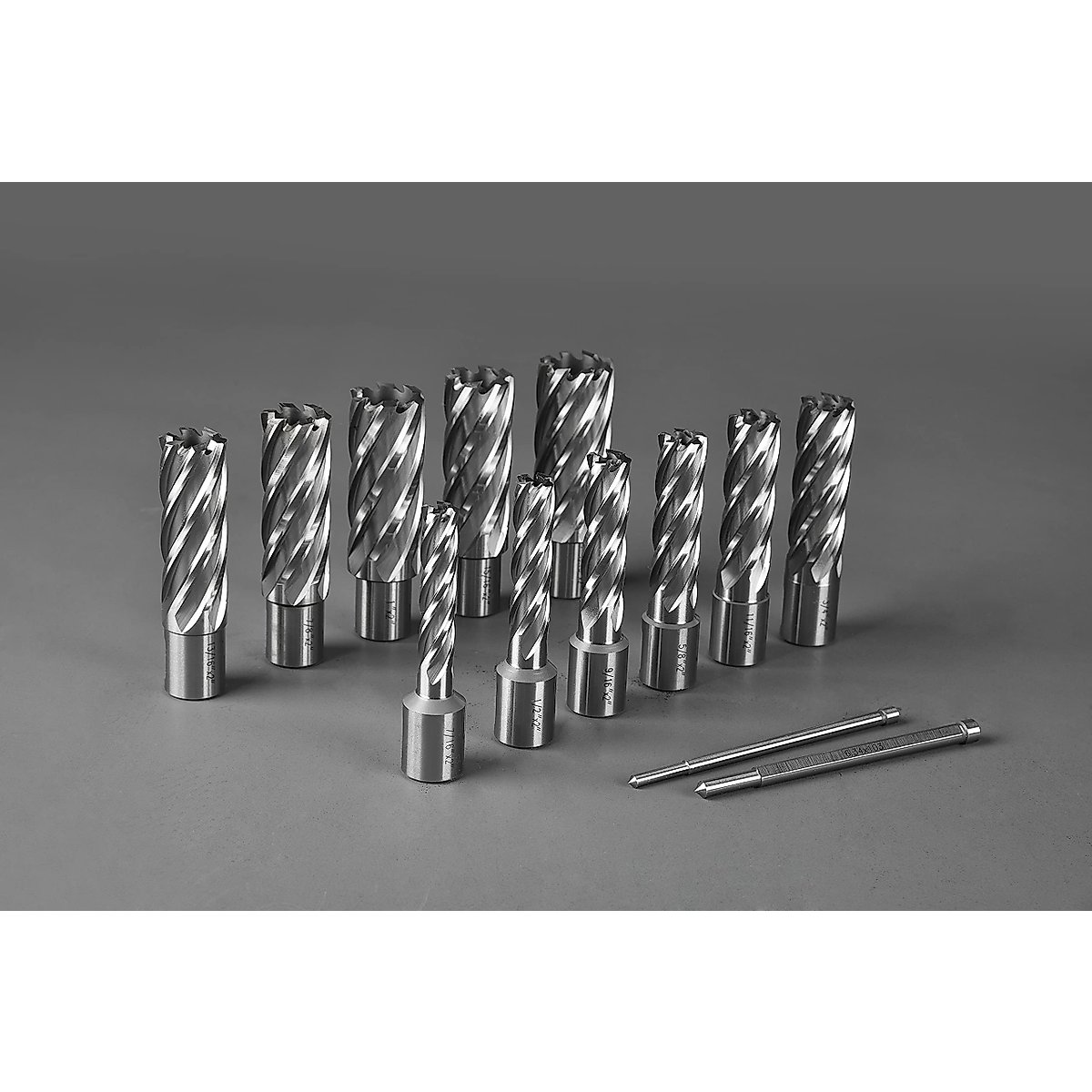 Annular Cutter Set 13 pcs JESTUOUS 3/4 Inch Weldon Shank 2 Cutting Depth and Cutting Diameter from 7/16 to 1-1/16 for Drill Press HSS Standard Kit Two Flat with 2 Pilot Pins