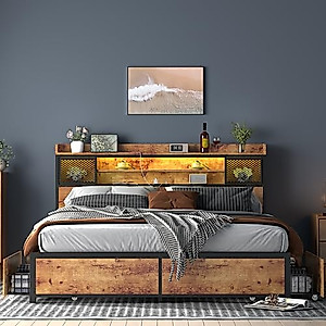 Gyfimoie Queen Bed Frame with 4 Storage Drawers, LED Bed Frame with Outlets and USB Ports, Metal Platform Bed Frame Queen Size with 3-Tier Storage Headboard, No Box Spring Needed (Queen)