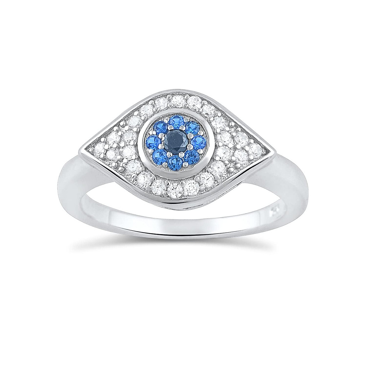 SILVERCLOSEOUT Rhodium Plated Sterling Silver Womens Blue Cz Evil Eye Ring - Size 7