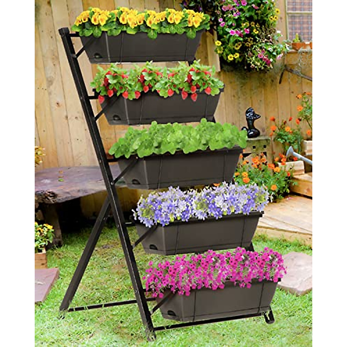 KING BIRD 4ft Vertical Raised Garden Bed 5 Tiers Planter Box Freestanding Garden Planter Outdoor and Indoor with Removable Tray for Growing Vegetables Herbs Flowers on Patio Balcony Black