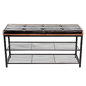 AVAFORT Two Layer Shoe Bench with PU Leather Padded Seat Top, Metal Frame, Rustic Brown