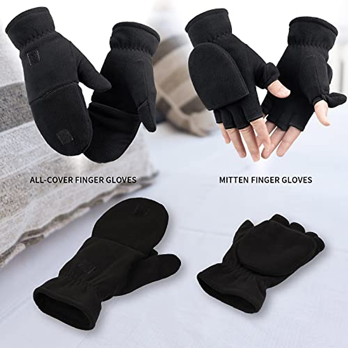 BESSTEVEN Winter Fingerless Gloves for Men Women | Convertible Flip Top Mittens - Thermal Polar Fleece Warm Lightweight for Texting Jogging - Black Medium