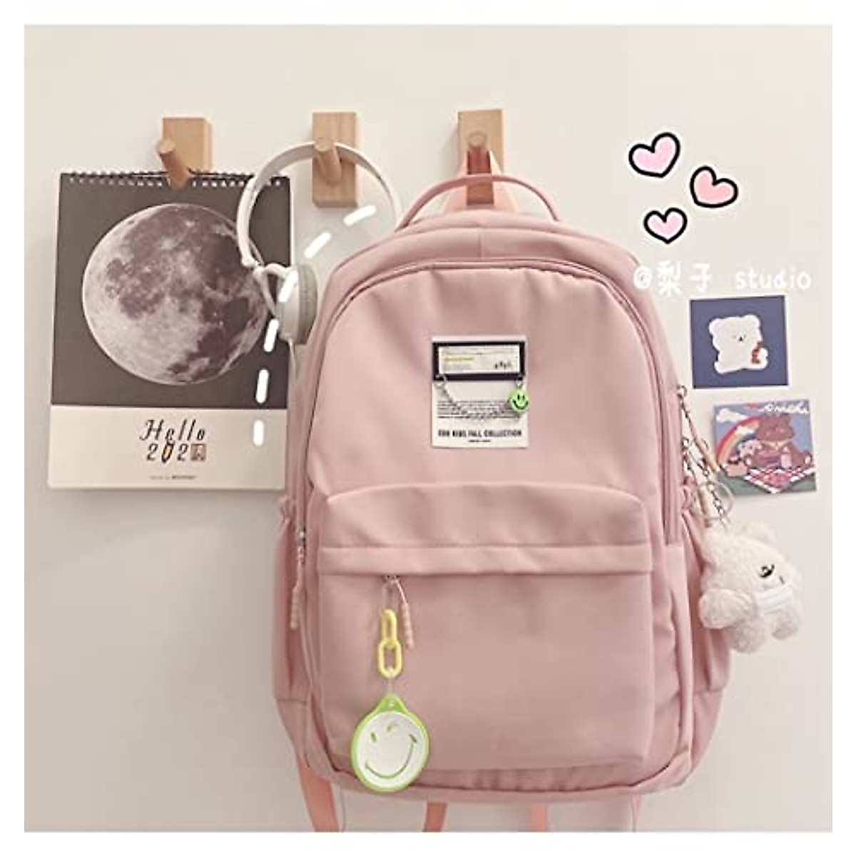 JHTPSLR Preppy Backpack Smiley Face Solid Preppy Aesthetic Backpack with Accessories Teen Girls Back to School Supplies (Pink)