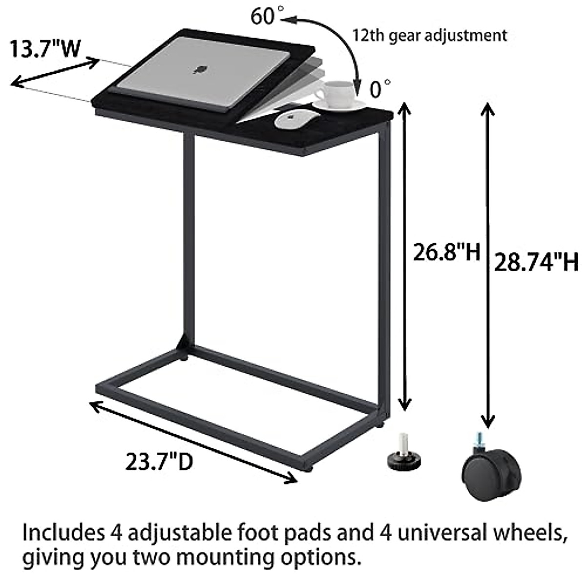 YELNOKU Couch Desk with Lockable Wheels, Slide Sofa Desk with Tiltable Drawing Board, Over Couch Arm Side Table Desk for Eating and Laptops, Portable Ergonomic Laptop Stand for Home Office Work, Black