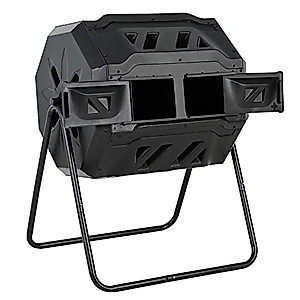 Arlopu Compost Bin, Dual Chamber Tumbling Composter, 43 Gallon Outdoor Garden Rotating Batch Composting Tumbler BPA Free, Large All Season Yard Waste Bins w/Sliding Doors & Aeration System, Black