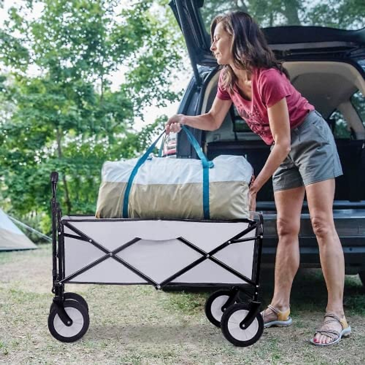 Utility Wagon Outdoor Collapsible Folding Wagon Cart, Portable Garden Cart - Heavy Duty Beach Cart with Adjustable Handles, All-Terrain Wheels and Cup Holders for Garden, Camping, Park Picnic (White)