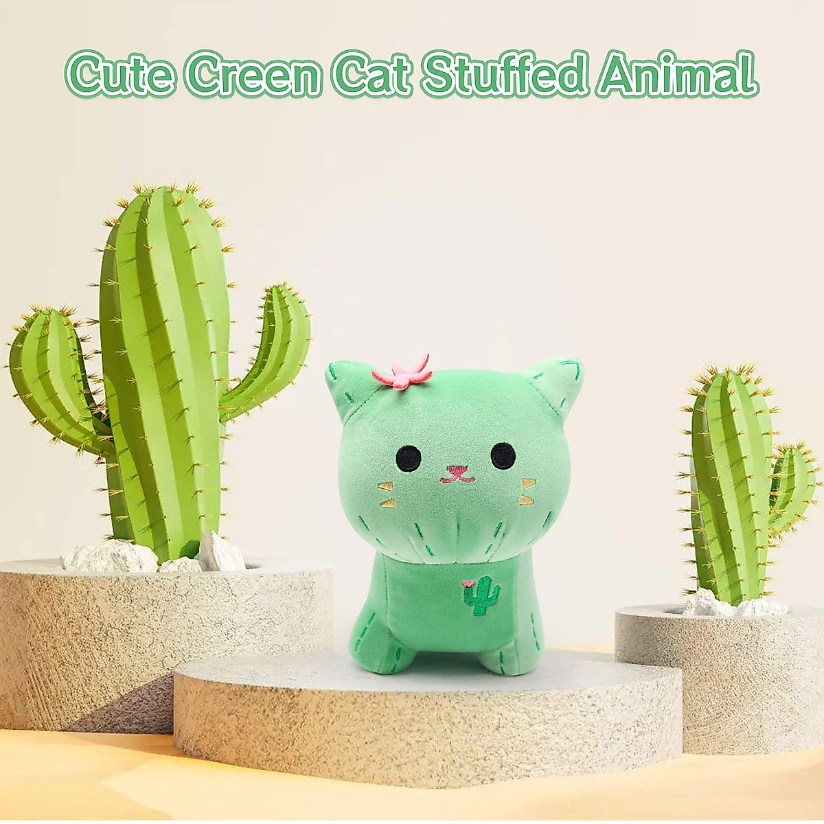Leokawin Stuffed Toy Cat Plush Pillow, Kawaii Cacti Flower Cat, Green Plush Toy, Home Decor, Kids Boys Girls Gifts