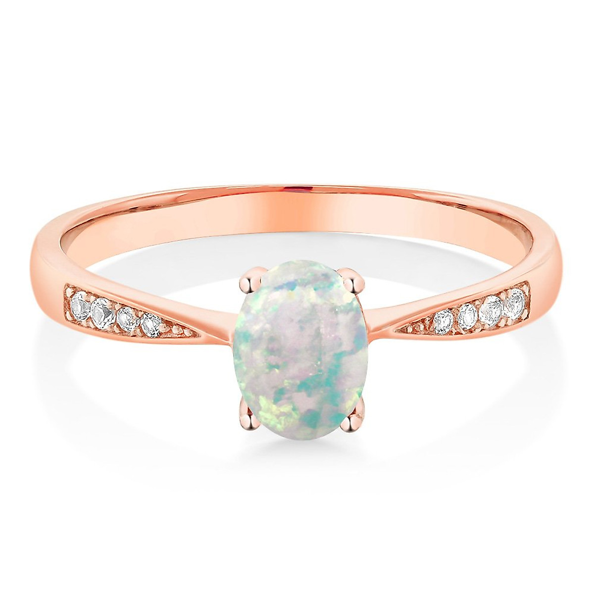 Gem Stone King 10K Rose Gold White Opal and White Diamond Engagement Ring For Women (0.69 Cttw, Gemstone October Birthstone, Oval Cabochon 7X5MM, Available In Size 5, 6, 7, 8, 9)