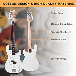 Glarry Electric Bass Guitar Full Size 4 String Rosewood Basswood Fire Style Exquisite Burning Bass (White)