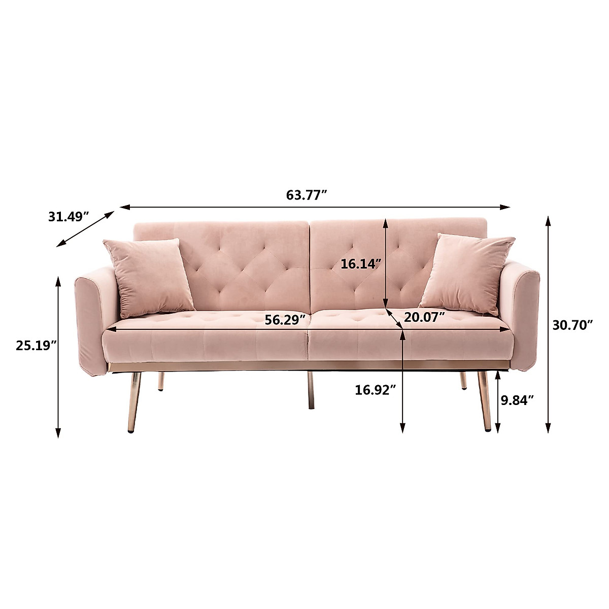TITA-DONG Velvet Sofa Convertible Sleeper Sofa,Modern Tufted Sofa Bed with 2 Throw Pillow & Gold Plating Base 5 Leg, Adjustable Folding Accent Sofa Couch for Living Room