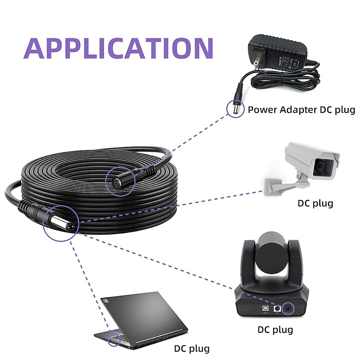 Power Extension Cable 2-Pack 33Feet 5.5mm x 2.1mm 12 Volt Male to Female Plug Cord for CCTV IP Security Camera DVRs and More Devices Black