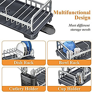 Small Dish Drying Rack, Aluminum Dish Rack with Utensil Holder, Anti-rust Dish Racks for Kitchen Counter Multifunctional Dish Drainer with Drainboard, Drying Rack for Dishes, Knives, Spoons, and Forks