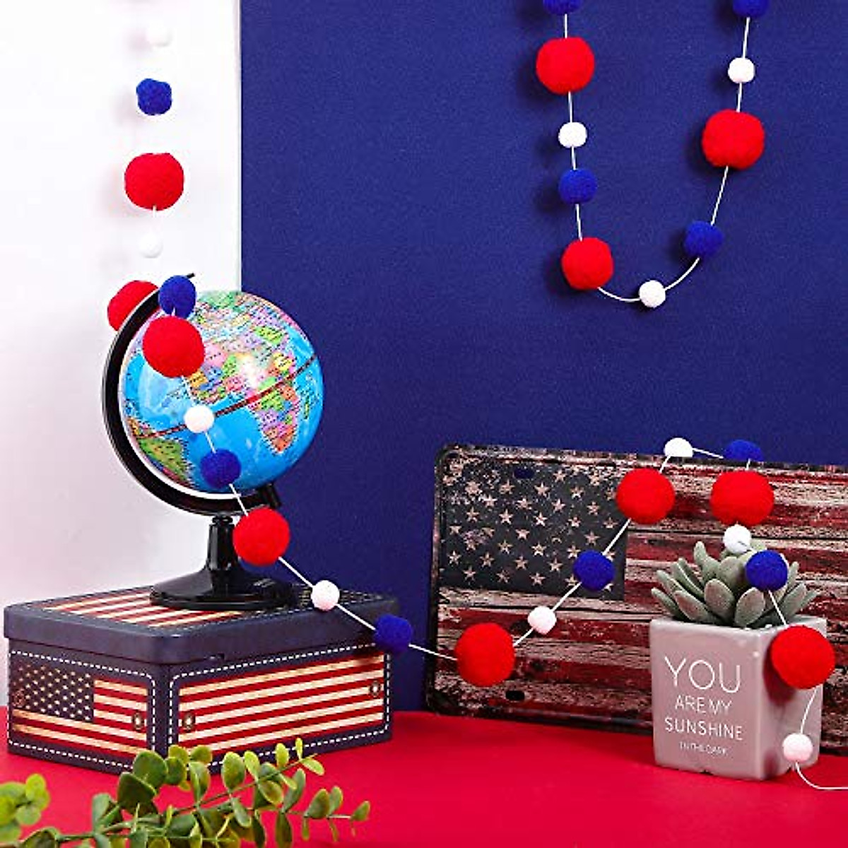 3 Pieces 24.6 Ft Patriotic 4th of July Pom Pom Garlands Wool Felt Ball Garland Red White Blue Pom Pom Garland for Patriotic Party Indoor Outdoor Hanging Decor