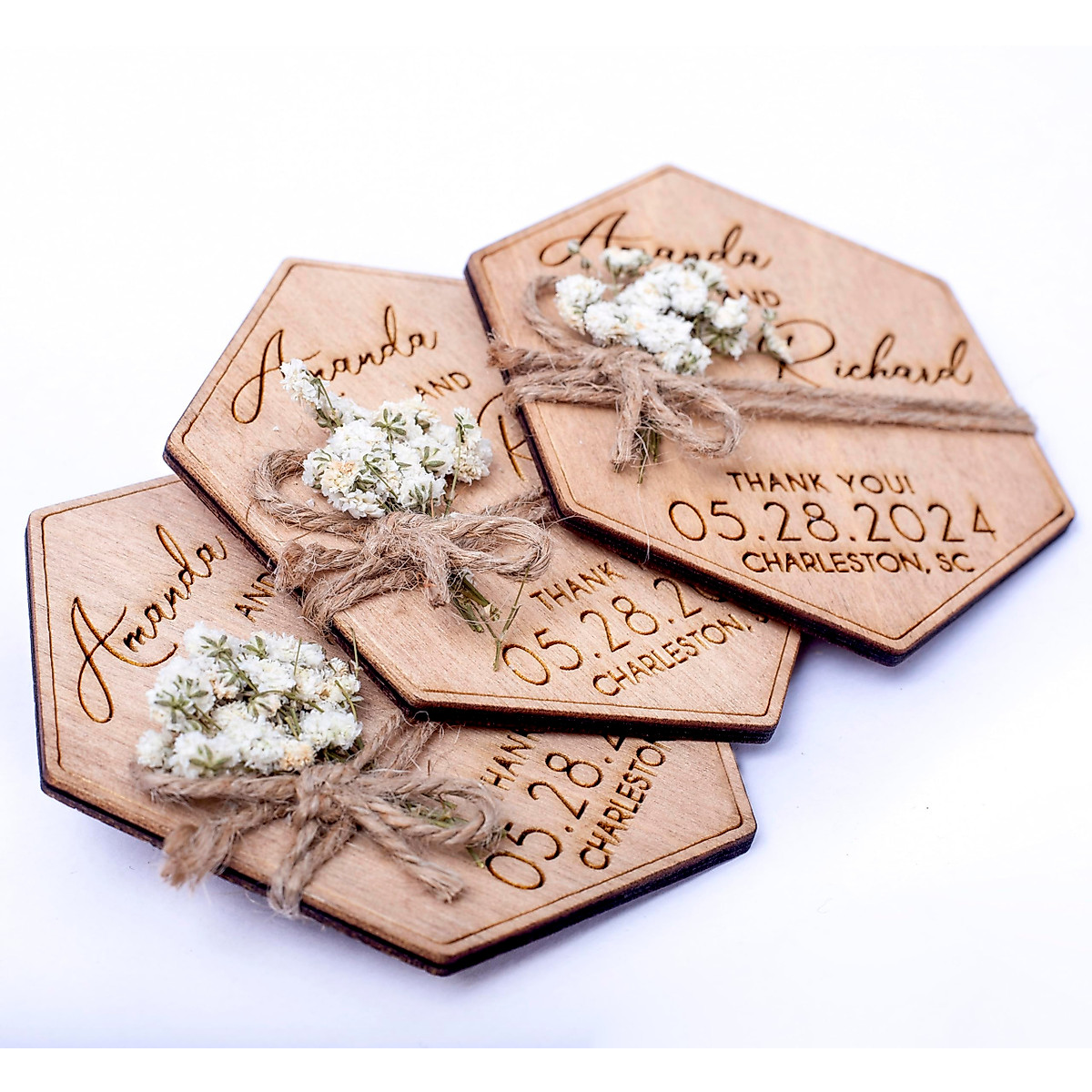 vitawed Hexagon Floral Wedding Favors, Personalized Wedding Favor, Wooden Magnet with Envelopes and Stickers, Pack of 8 to 300