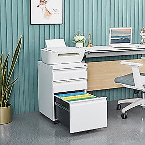 Modern Office File Cabinet 3 Drawer File Cabinet Metal Filing Cabinet on Anti-tilt Wheels Mobile Lateral Printer Stand Office File Cabinets for Home Office Organization and Storage (White)